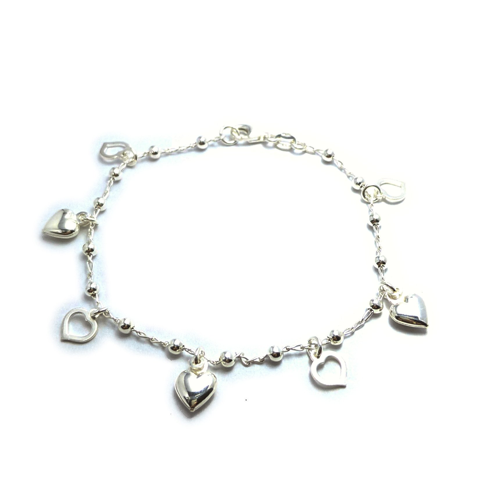 Pulsera Con Dijes Corazones Lisos y Calados Plata 925 - Joyas GABENA