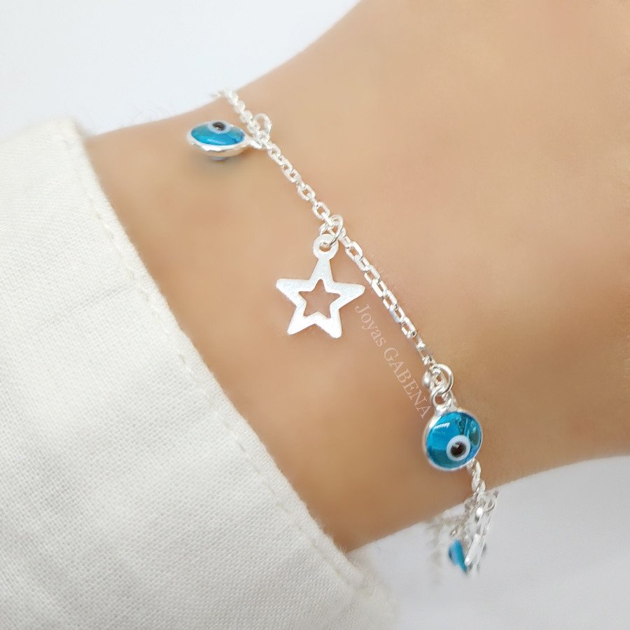 Pulsera Ojo Turco y Estrellas Plata - Joyas GABENA