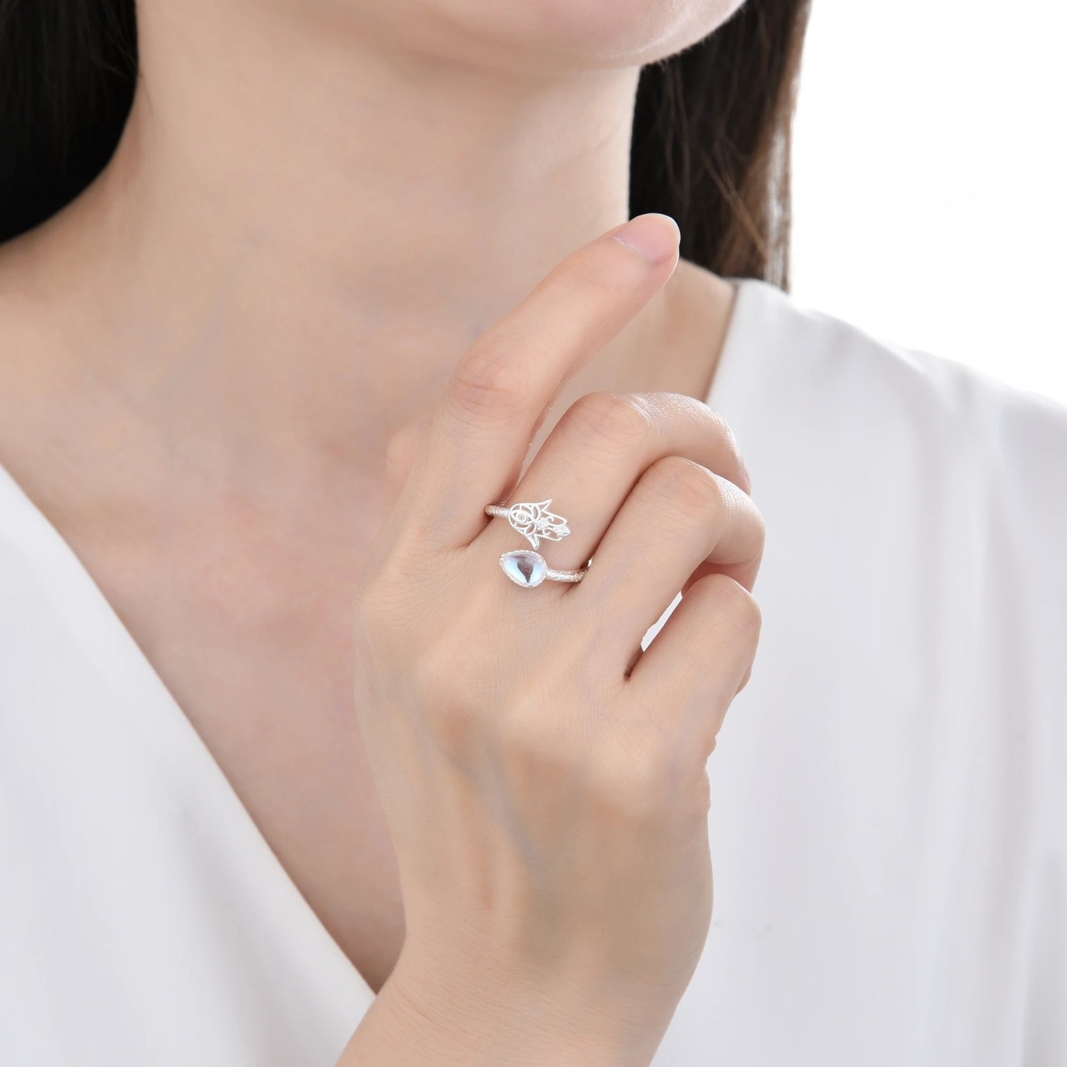 Anillo Hamsa Regulable Plata 925 - Joyas GABENA